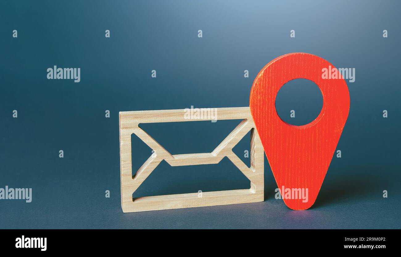 Envelope and red geolocation map pin. Messages and notifications with a ...