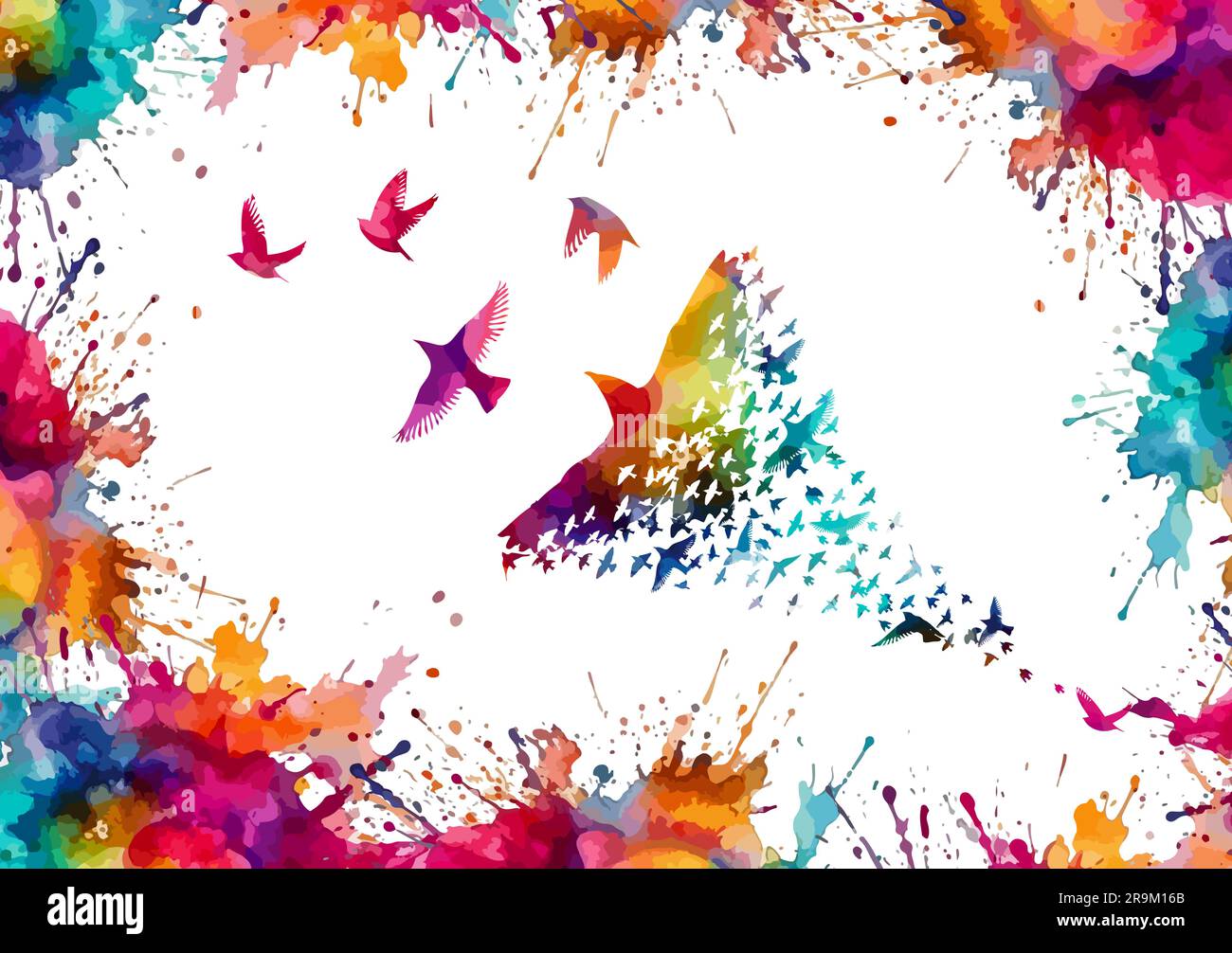 Abstraction with flying colorful birds. A flock of flying rainbow birds ...