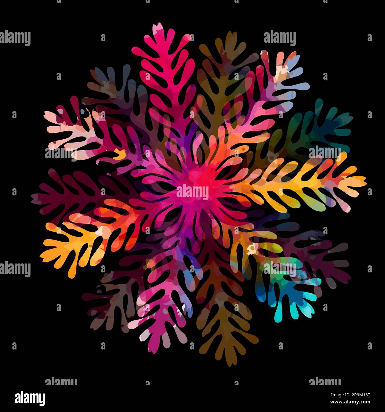 watercolor colorful snowflake. rainbow snowflake on black background ...