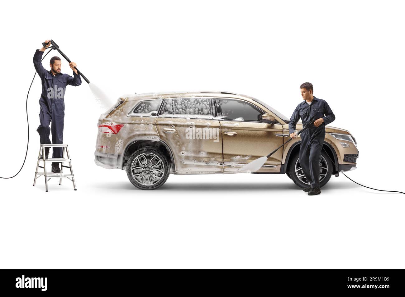 SUV at a carwash and working using water pressure machines isolated on ...