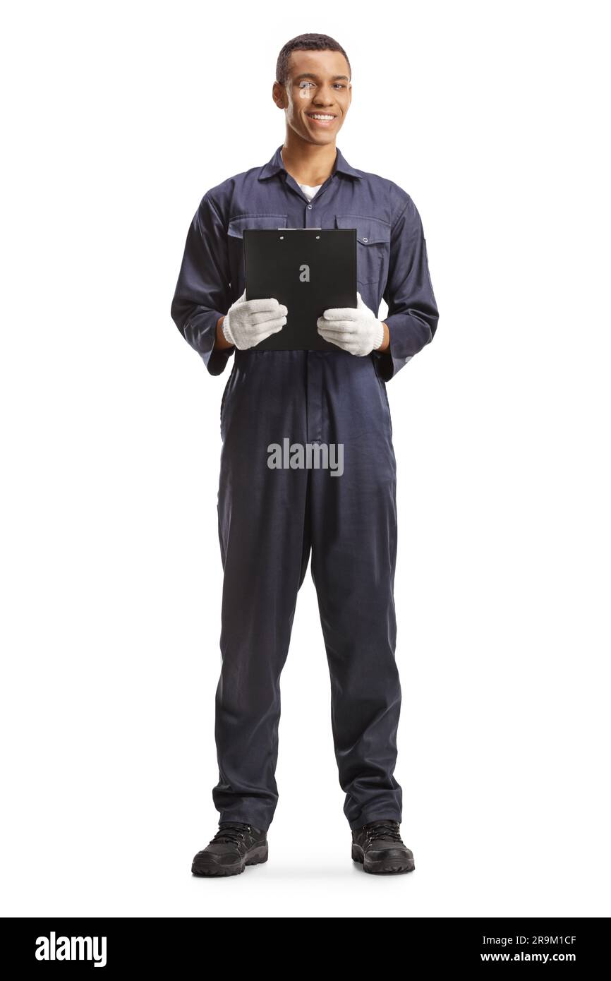 Full length portrait of an african american car mechanic holding a ...
