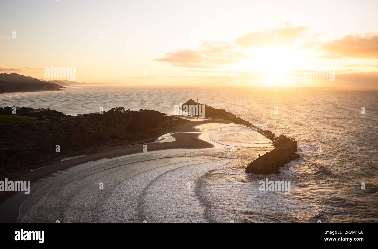 Elevated panorama view of seaside Castle Point Lighthouse on steep ...