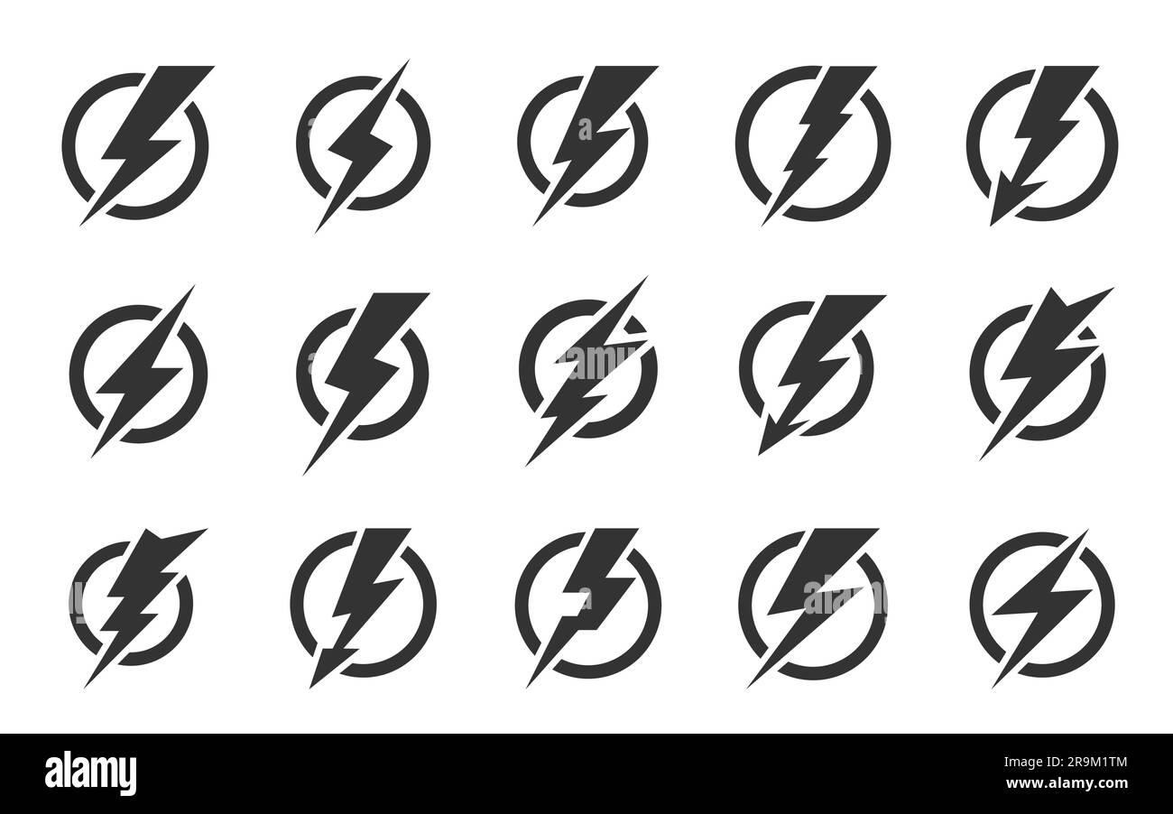 Thunderbolt in the circle icon set. Storm climate weather sign. Dander ...