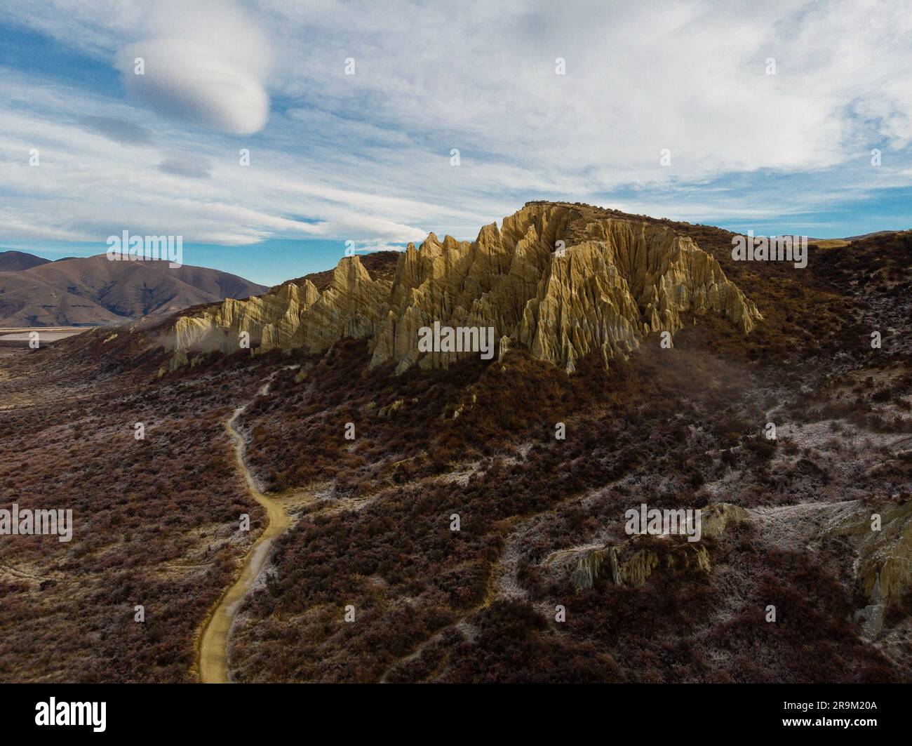 Aerial panorama view of Omarama Clay Cliffs geological natural erosion ...