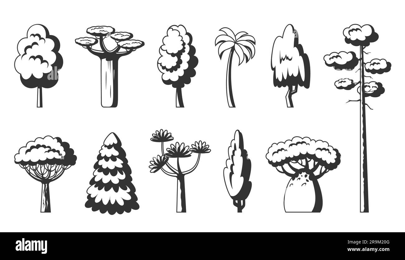 Tree icon set. Black stamp stencil of forest stylized eco plants side ...