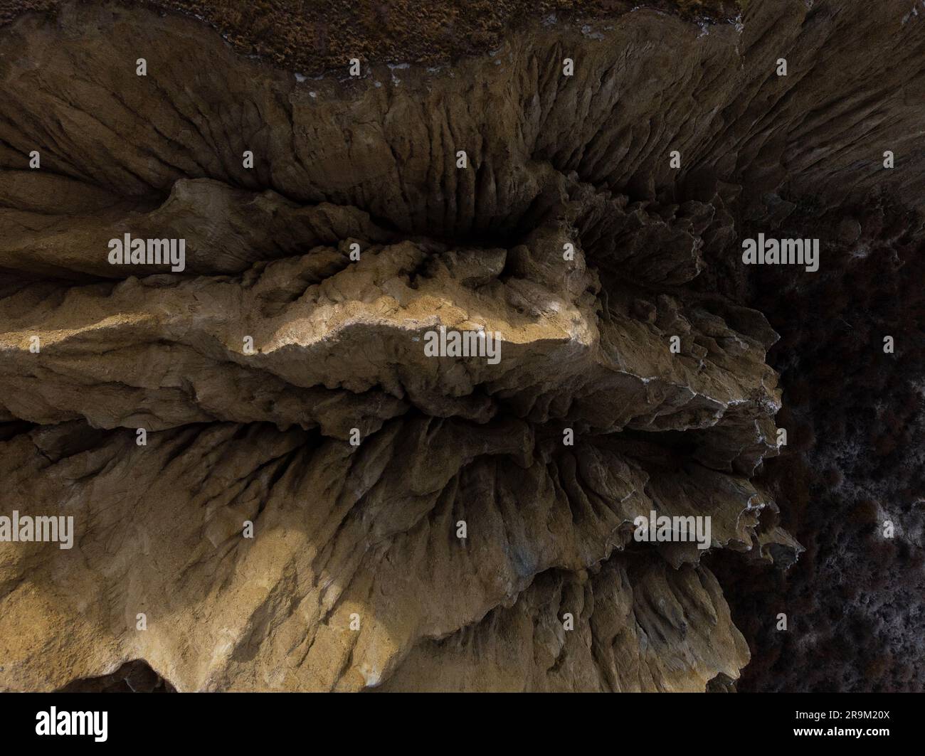 Aerial top down view of Omarama Clay Cliffs geological natural erosion ...