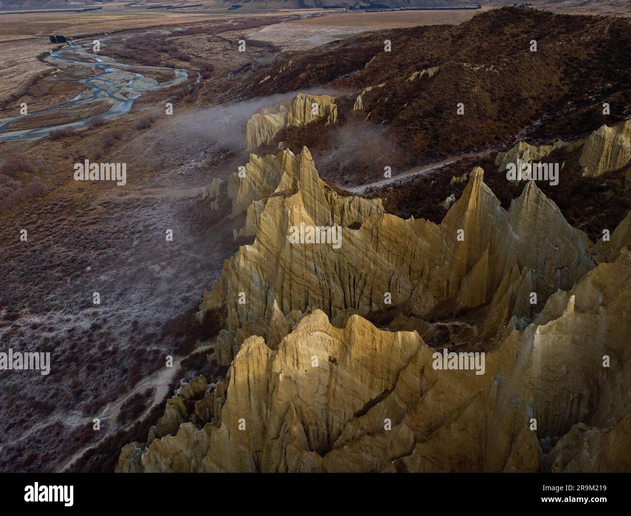Aerial panorama view of Omarama Clay Cliffs geological natural erosion ...