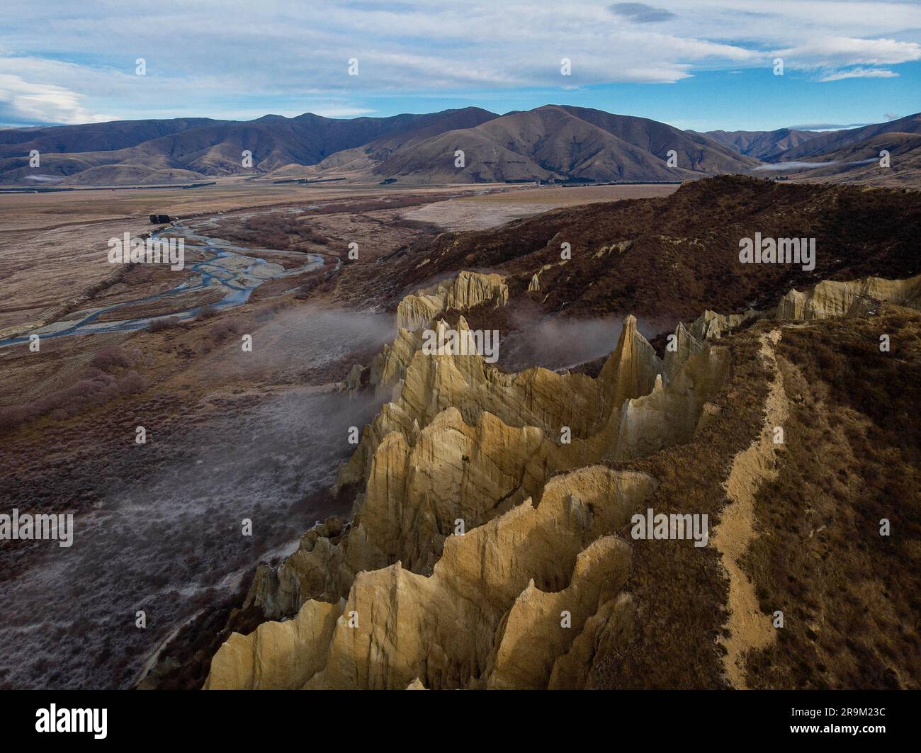 Aerial panorama view of Omarama Clay Cliffs geological natural erosion ...