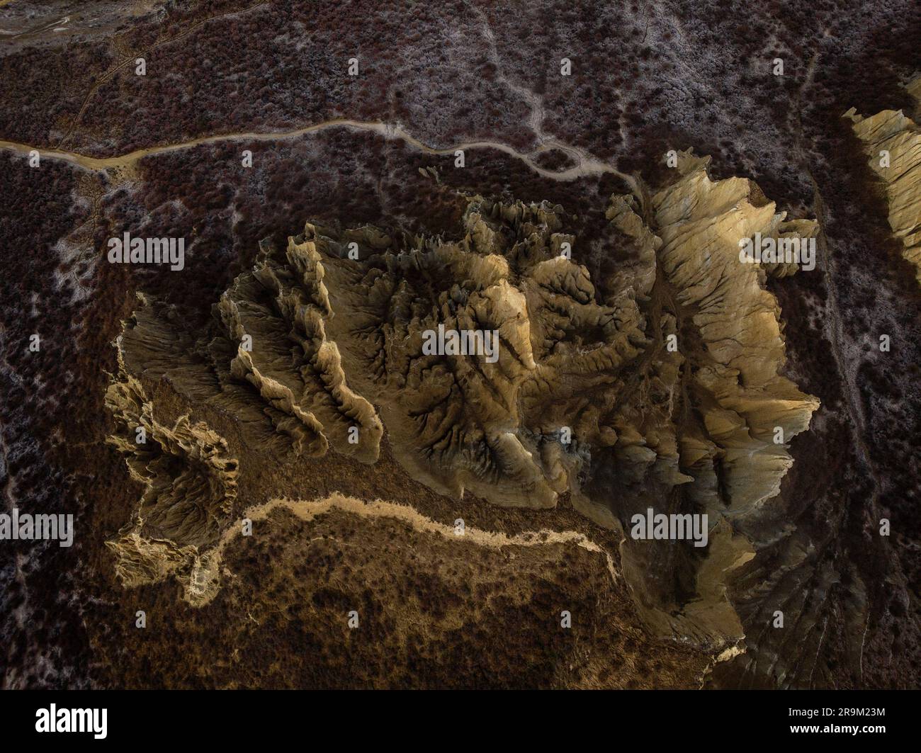 Aerial top down view of Omarama Clay Cliffs geological natural erosion ...