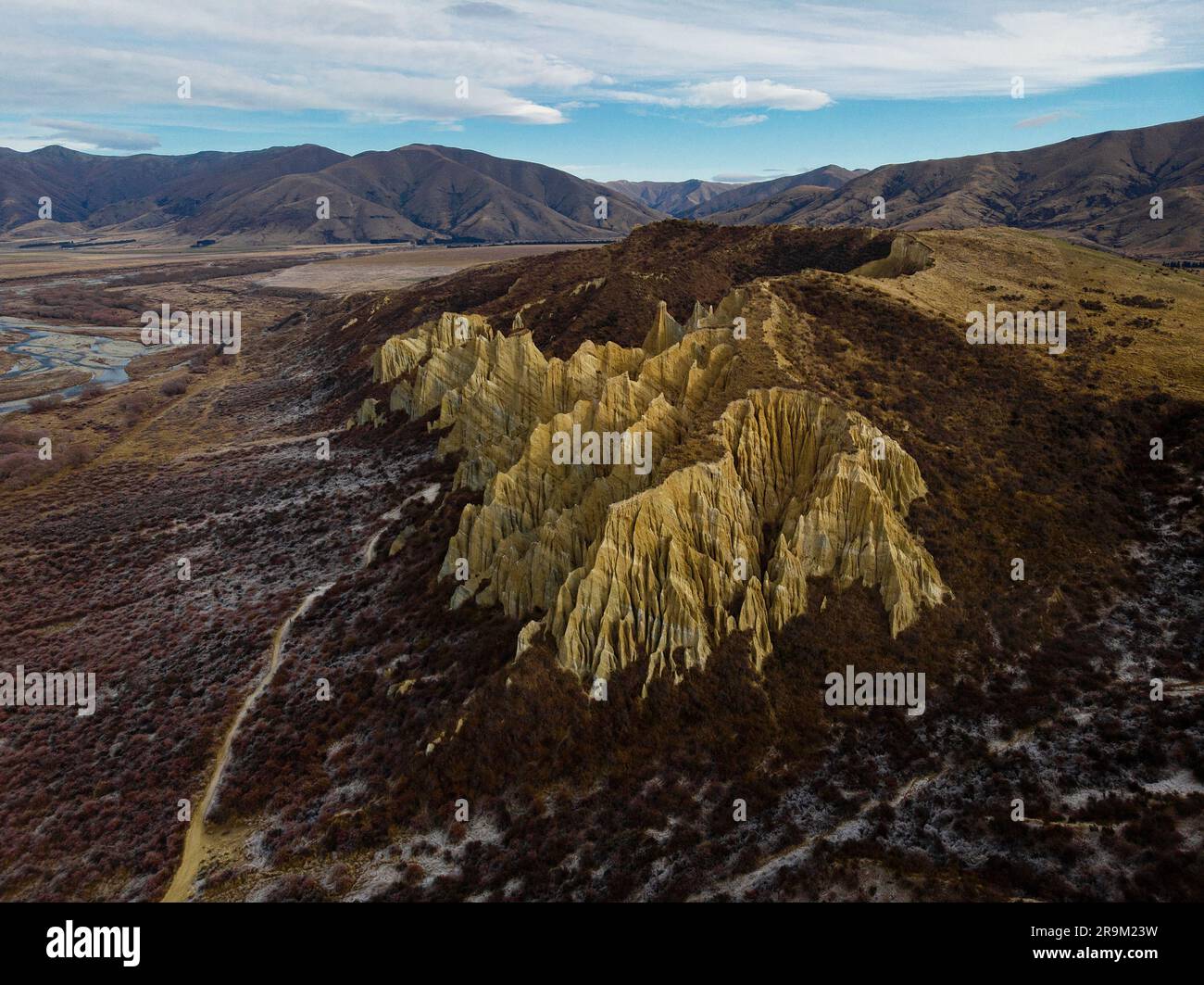 Aerial panorama view of Omarama Clay Cliffs geological natural erosion ...