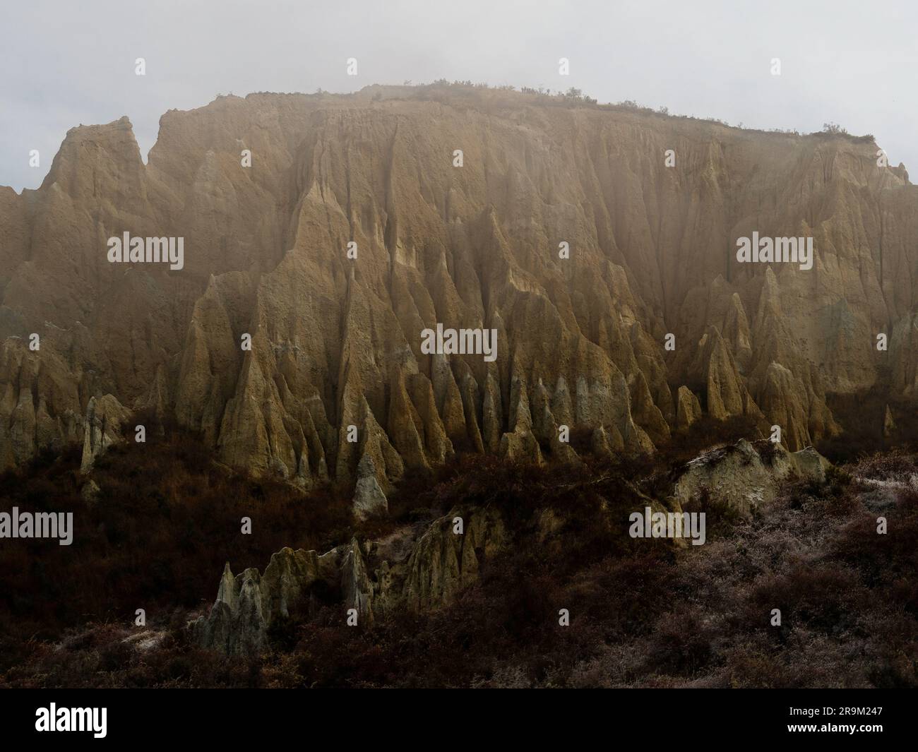 Aerial panorama view of Omarama Clay Cliffs geological natural erosion ...