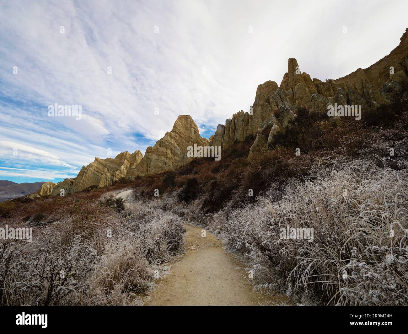Panorama view of Omarama Clay Cliffs geological natural erosion silt ...