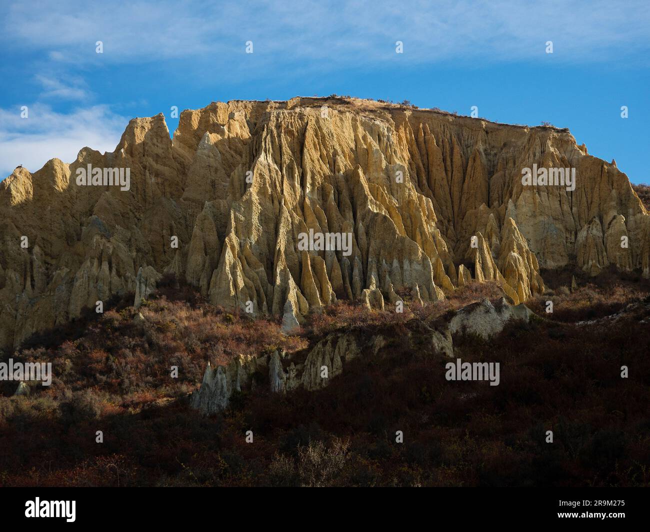 Panorama view of Omarama Clay Cliffs geological natural erosion silt ...