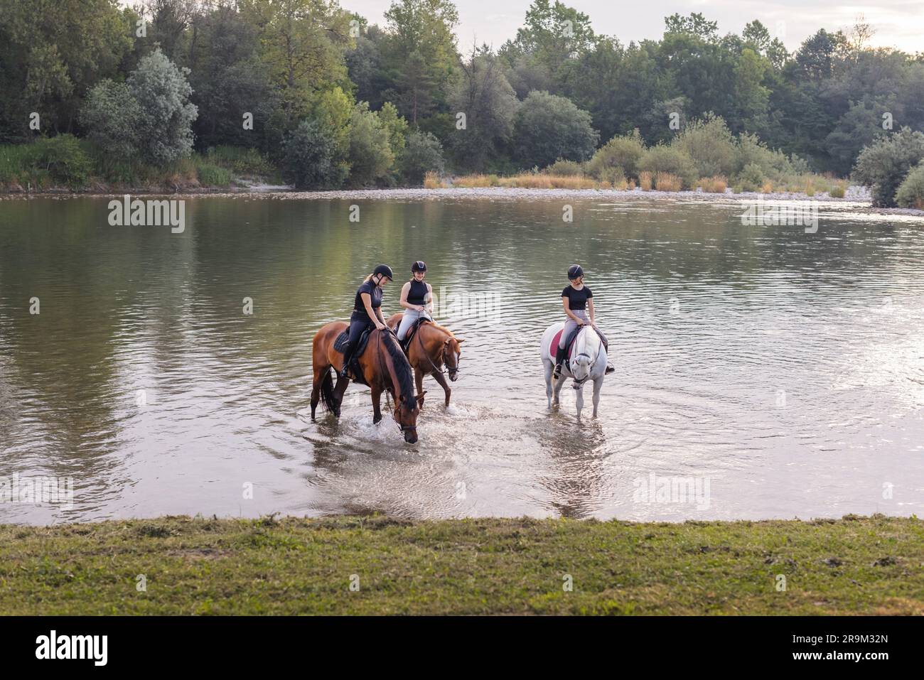Three young women enjoying equestrian leisure, nature, and river ...