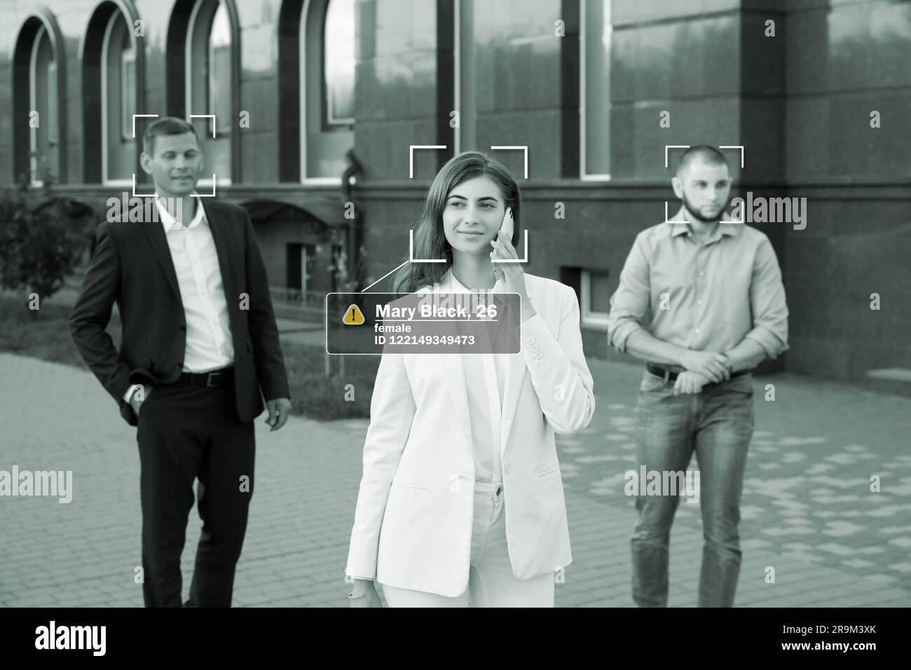 Facial recognition system identifying people on city street. AI giving ...