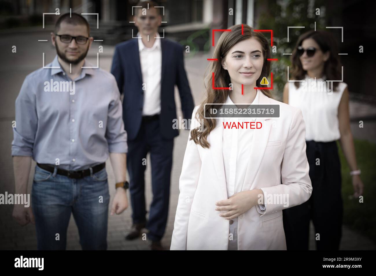 Facial recognition system identifying people on city street. AI giving ...