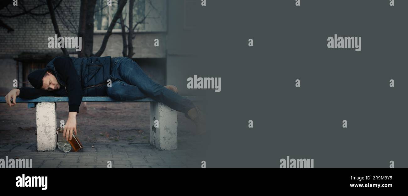 Suffering from hangover. Drunk man with alcoholic drink on bench ...