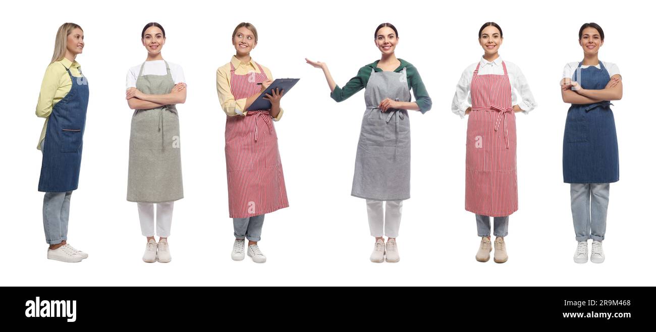 Collage with photos of women in aprons on white background Stock Photo ...