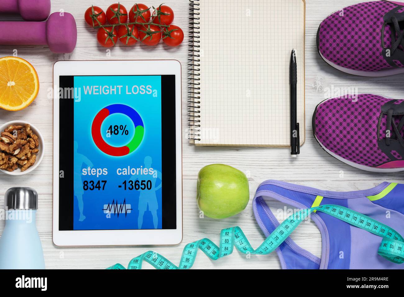 Tablet with weight loss calculator application, fitness items and ...