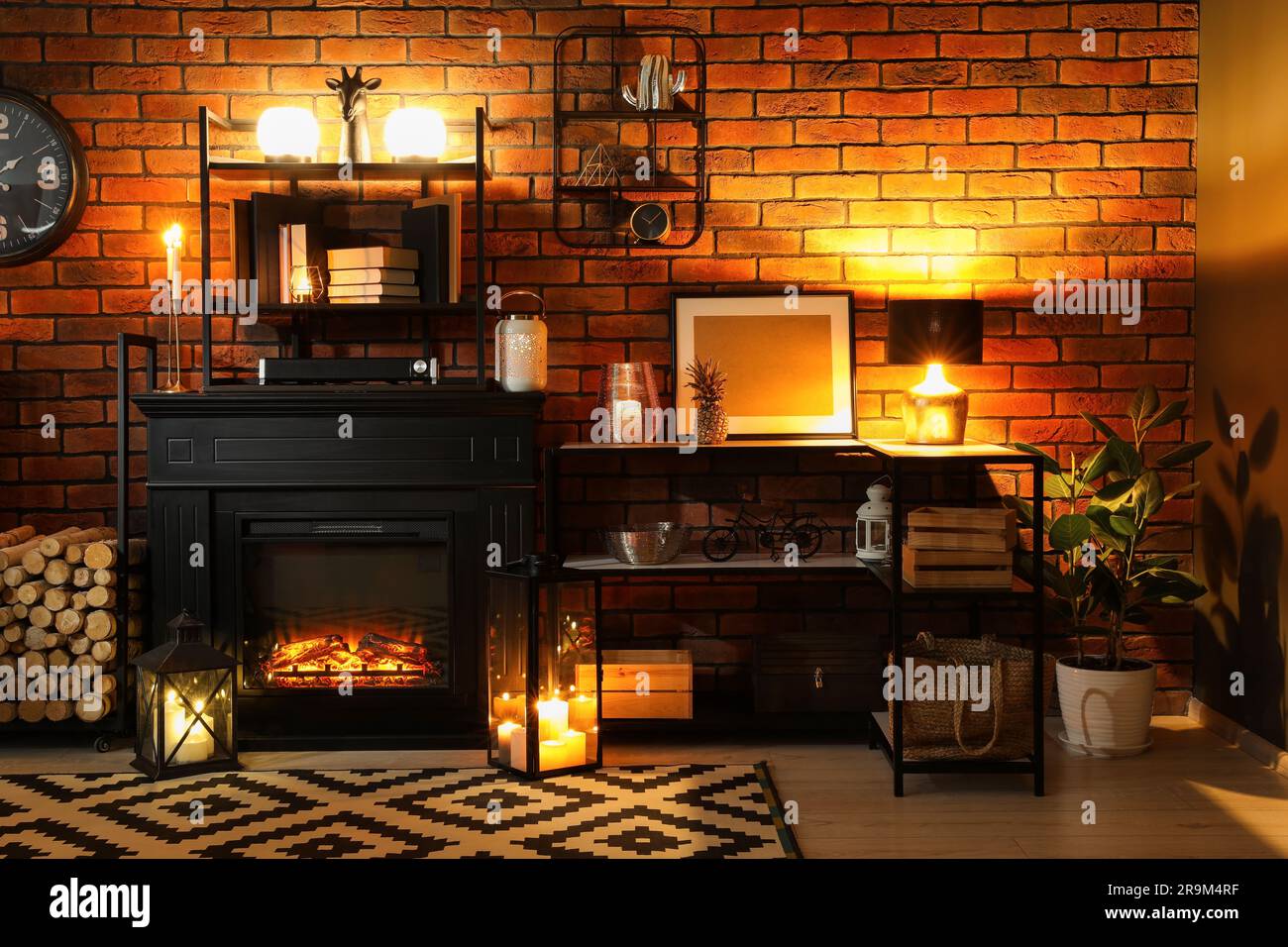 Stylish living room with beautiful fireplace and different decor at ...