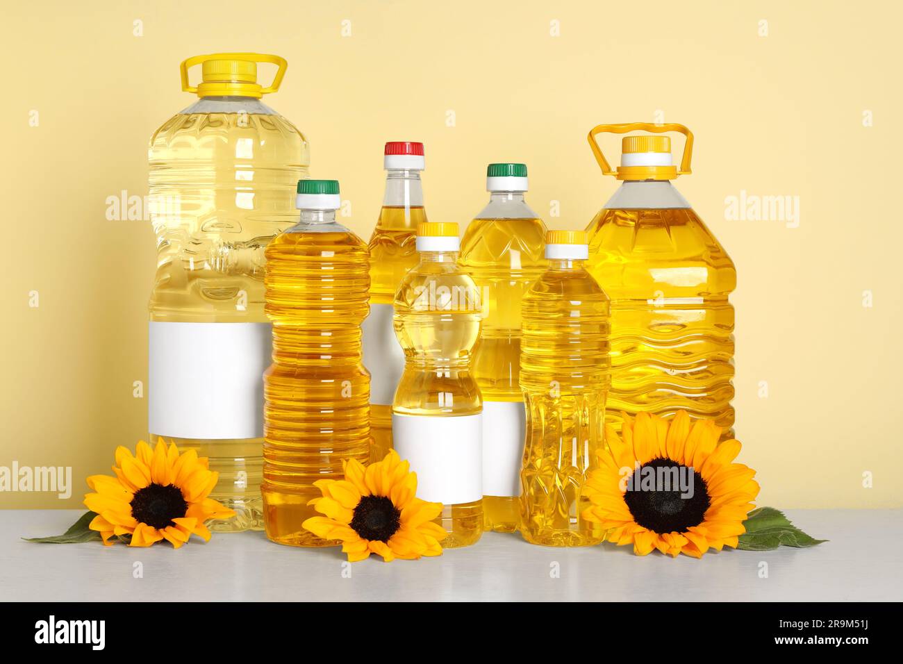 Bottles of cooking oil and sunflowers on white table Stock Photo - Alamy