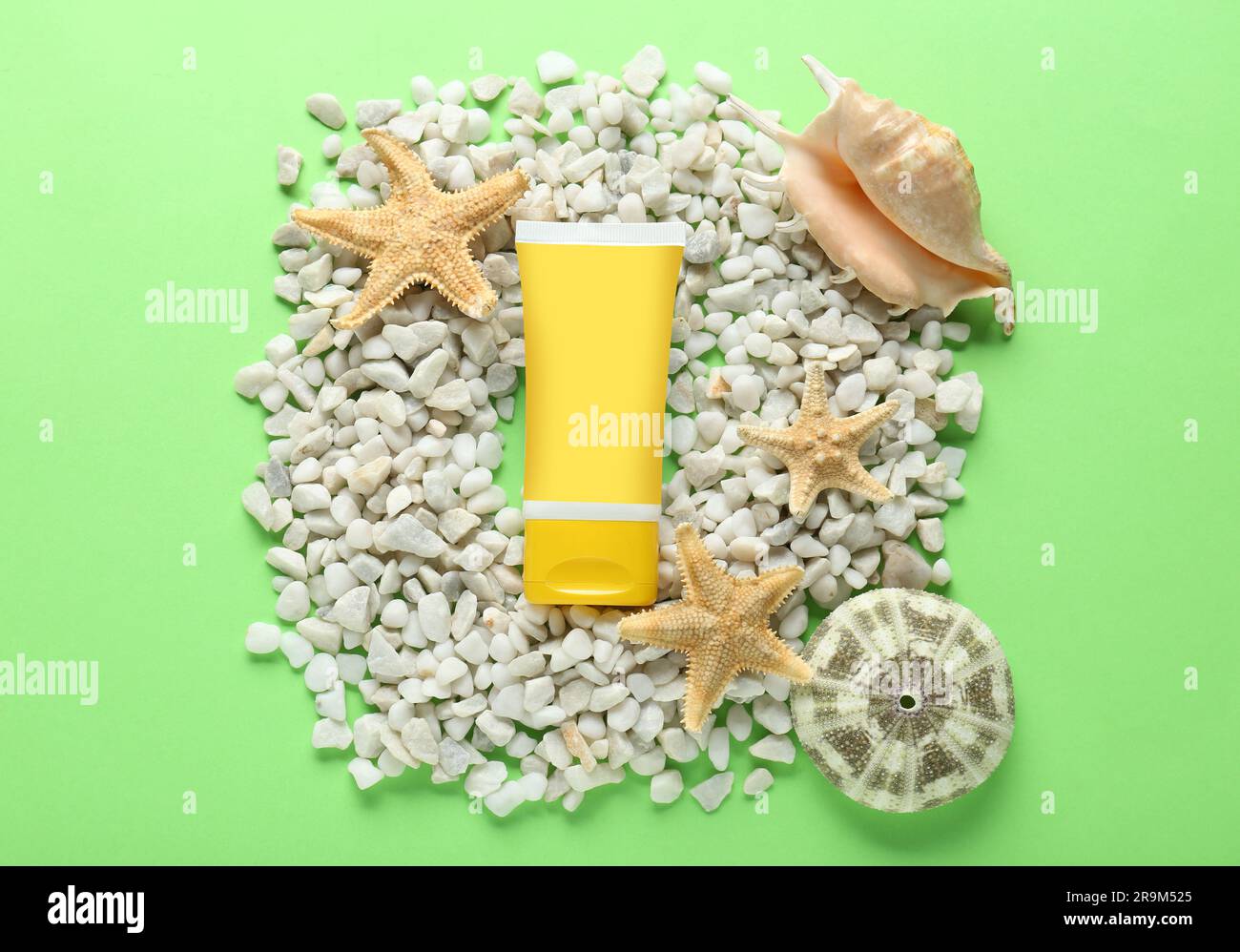 Suntan cream tube, seashells and white marble pebbles on light green ...