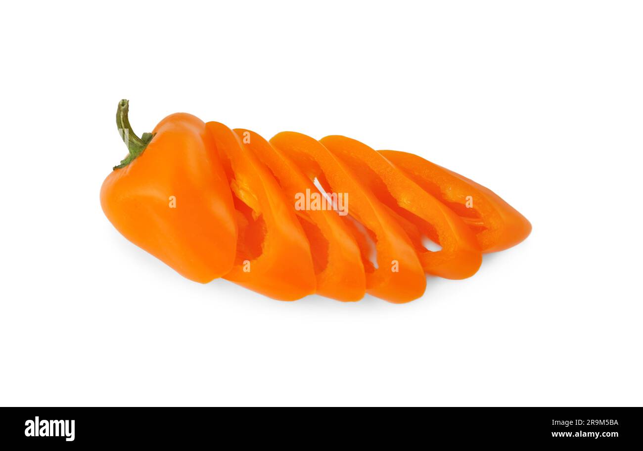 Cut orange hot chili pepper isolated on white, top view Stock Photo - Alamy