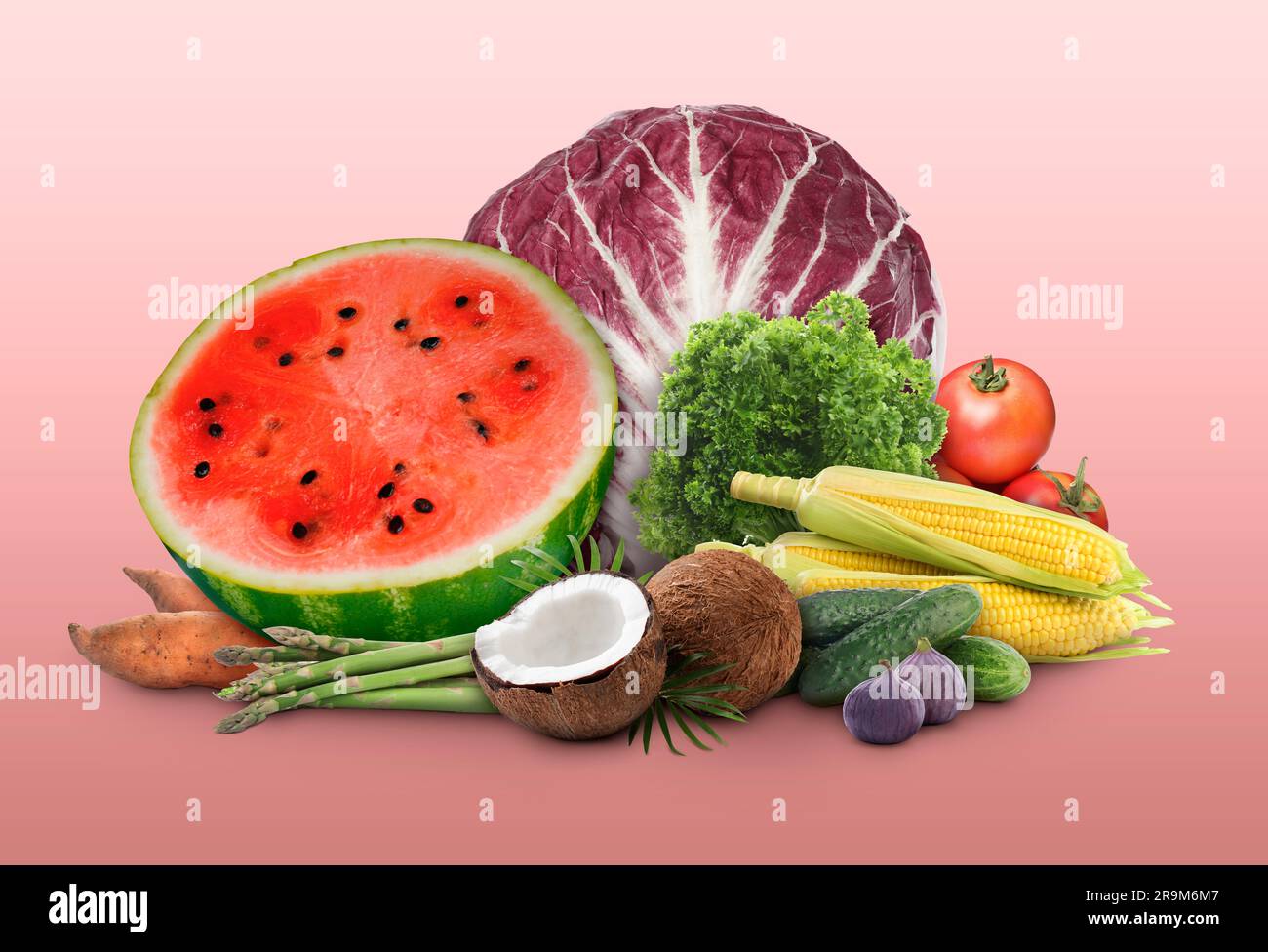 Fresh fruits and vegetables on light red gradient background Stock ...