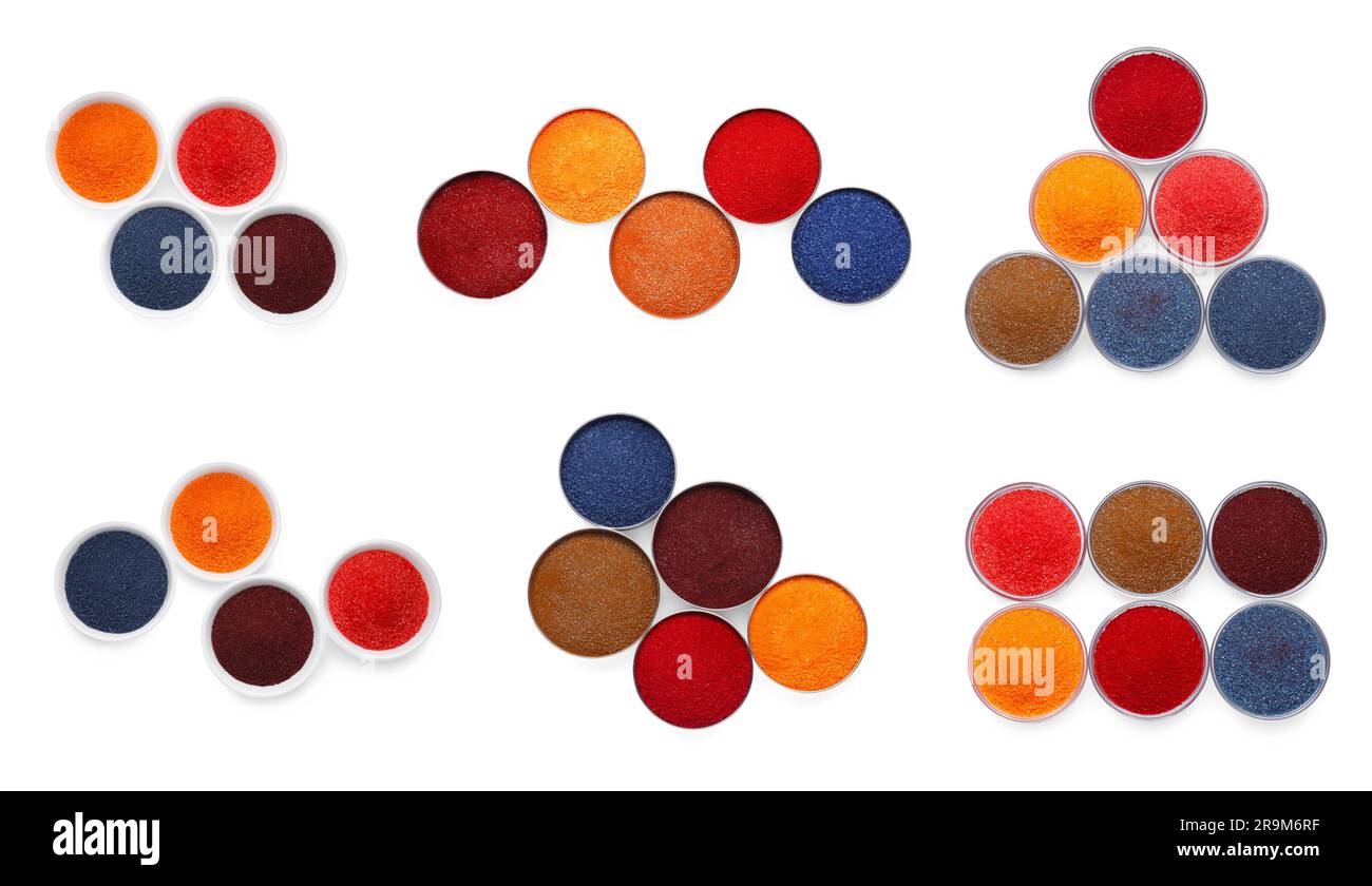 Set of different powdered food coloring isolated on white, top view ...