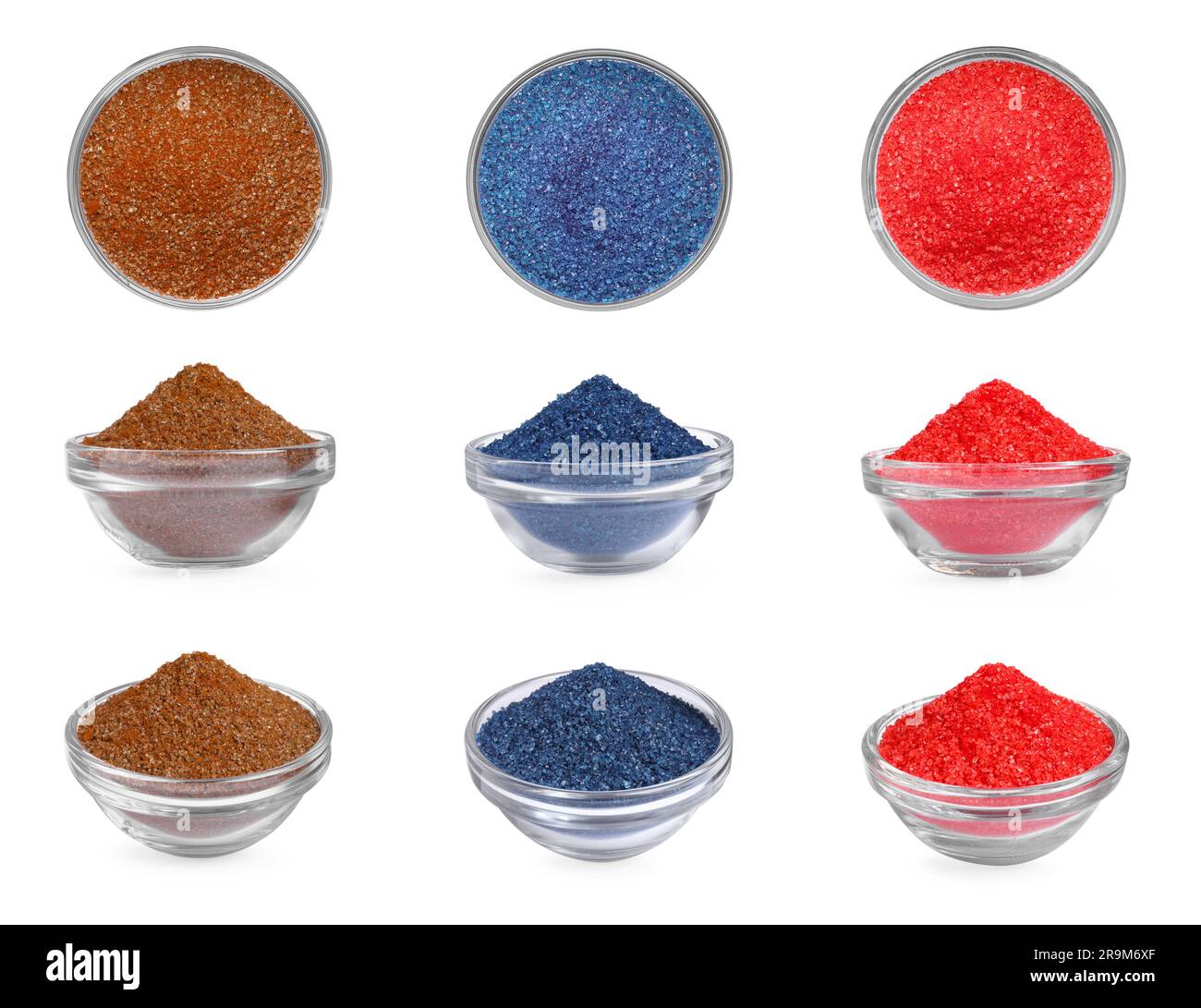 Collage of different powdered food coloring in bowls isolated on white ...