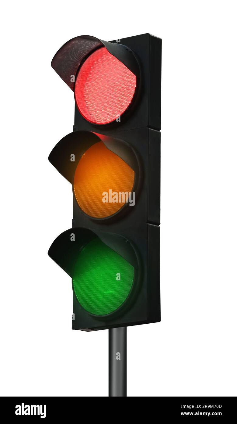Traffic signal with three lights isolated on white Stock Photo - Alamy