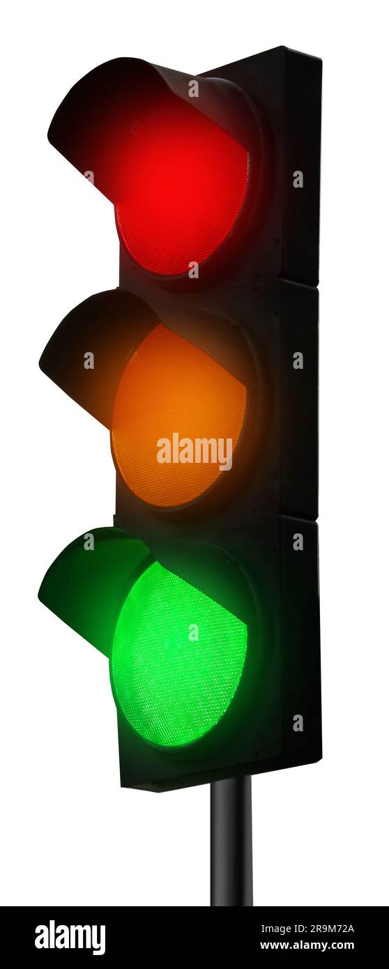 Traffic signal with three lights isolated on white Stock Photo - Alamy