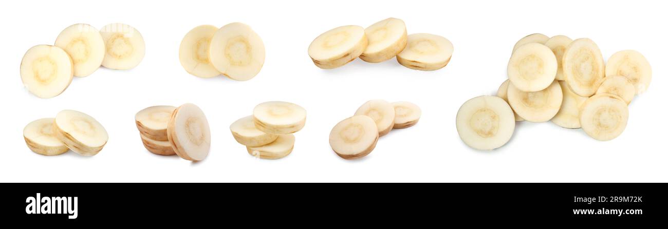 Collage with cut parsnip on white background Stock Photo - Alamy