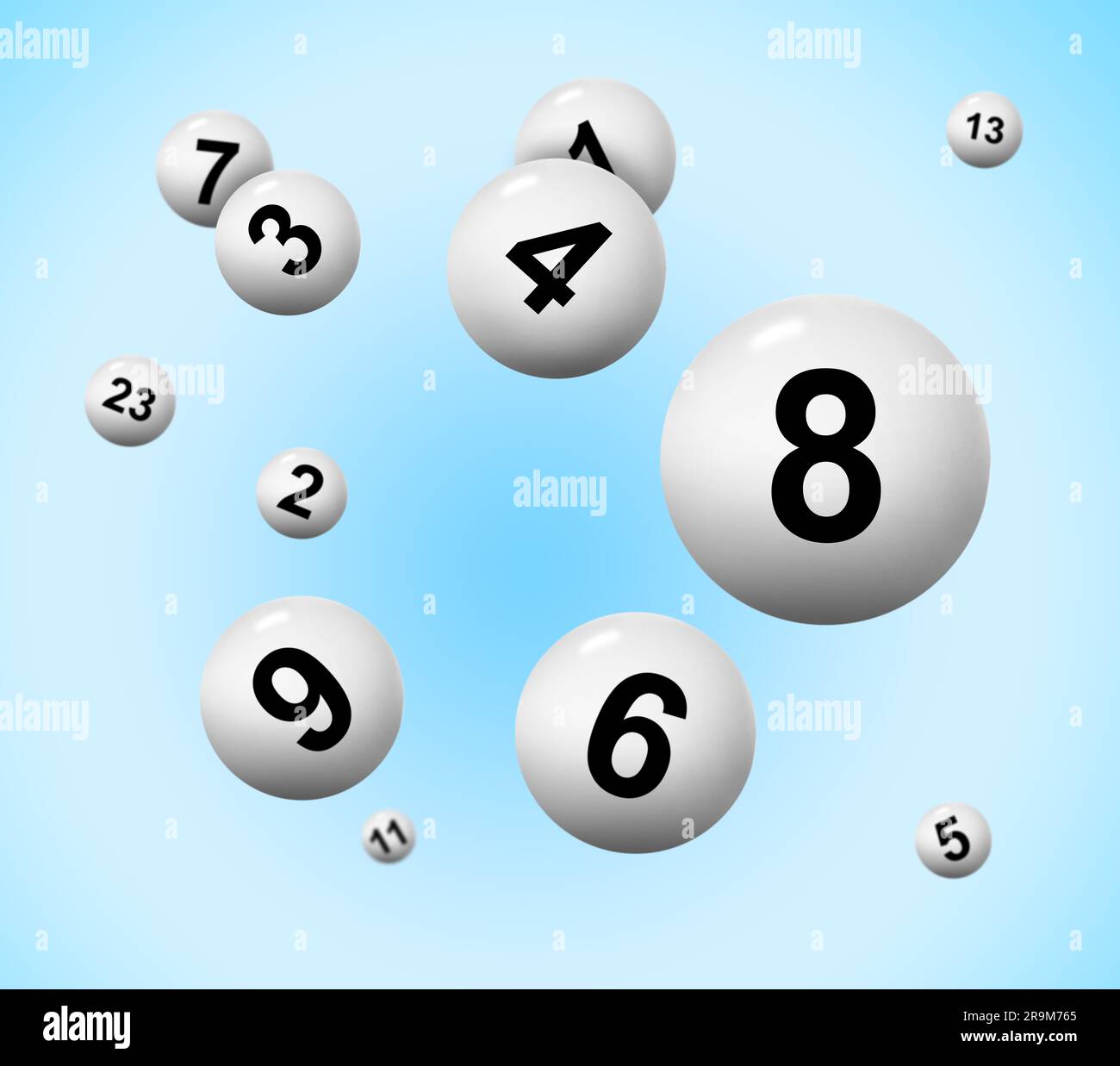 Many lottery balls falling on light blue gradient background Stock ...
