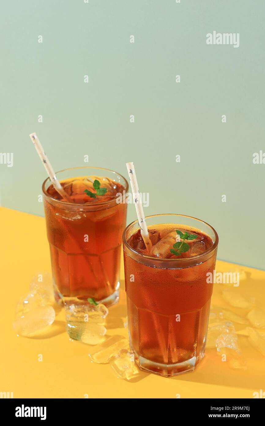 Two Glass Ice Tea for Summer Drink in Colorful Background. Es Teh with ...