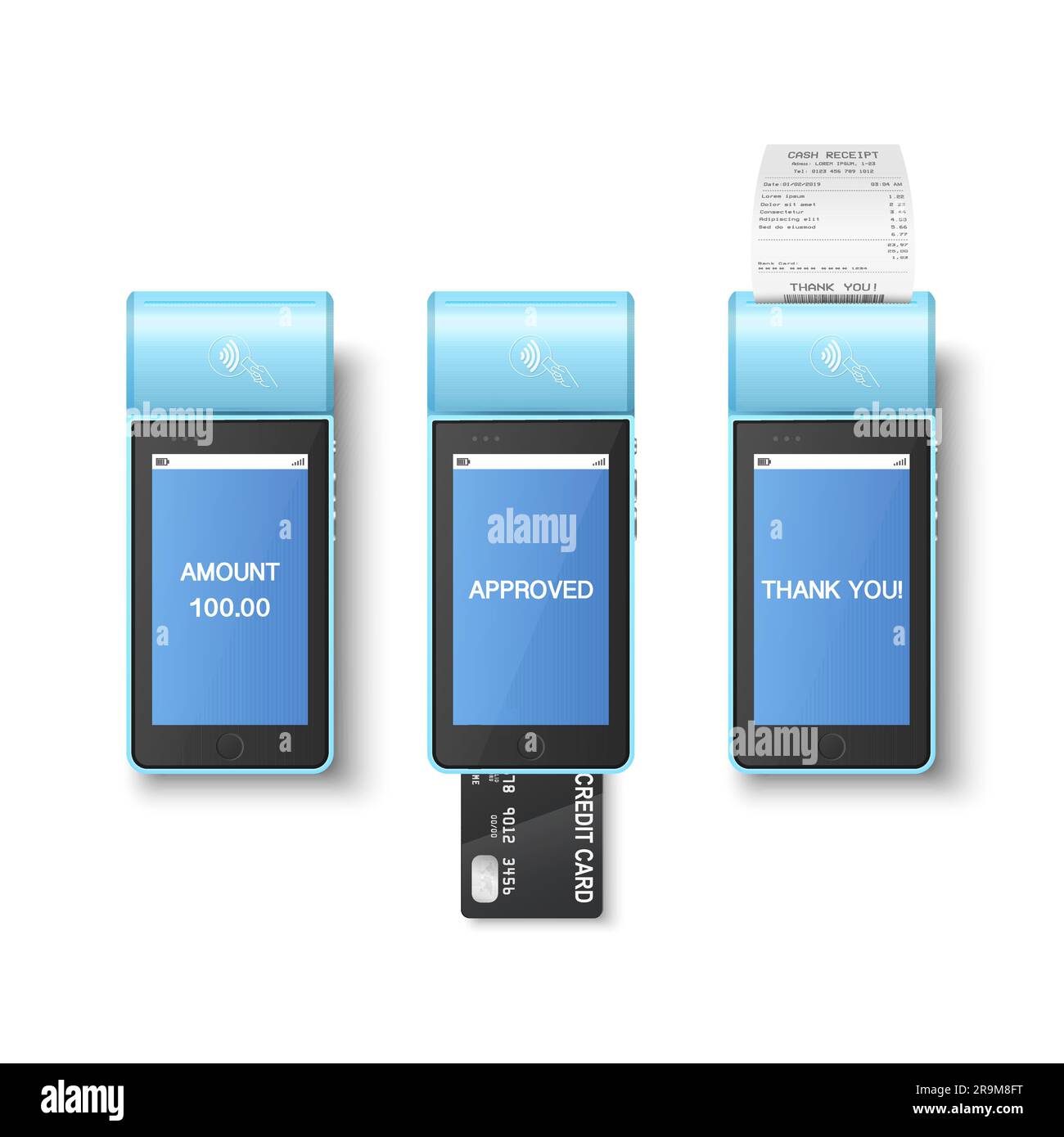 Vector 3d Blue NFC Payment Machine with Approved Status and Paper Receipt, Bill, Credit Card ...