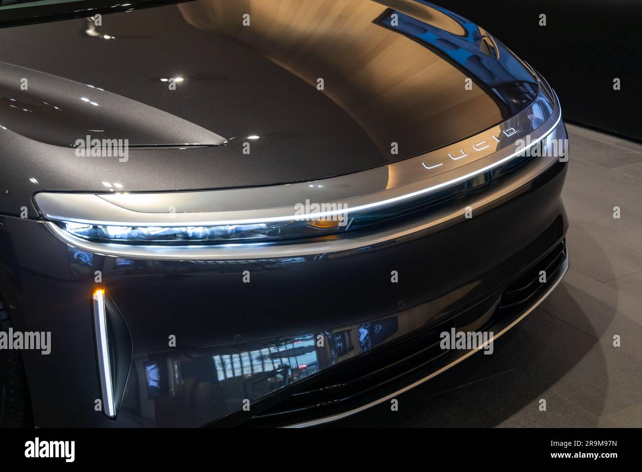 Plano Legacy West, Texas, USA - June 26, 2023: Closeup of Lucid Air car ...