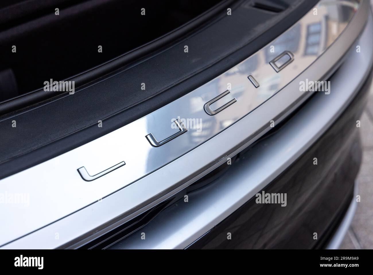 Plano Legacy West, Texas, USA - June 26, 2023: Closeup of Lucid Air car ...
