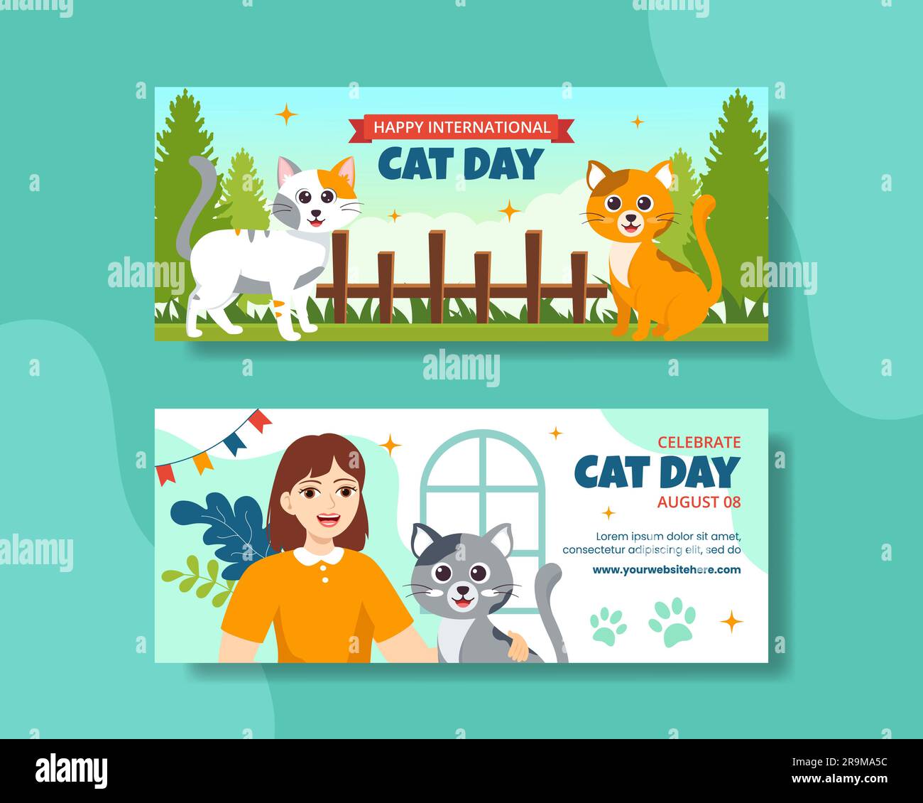 Cat Day Horizontal Banner Flat Cartoon Hand Drawn Templates Background ...