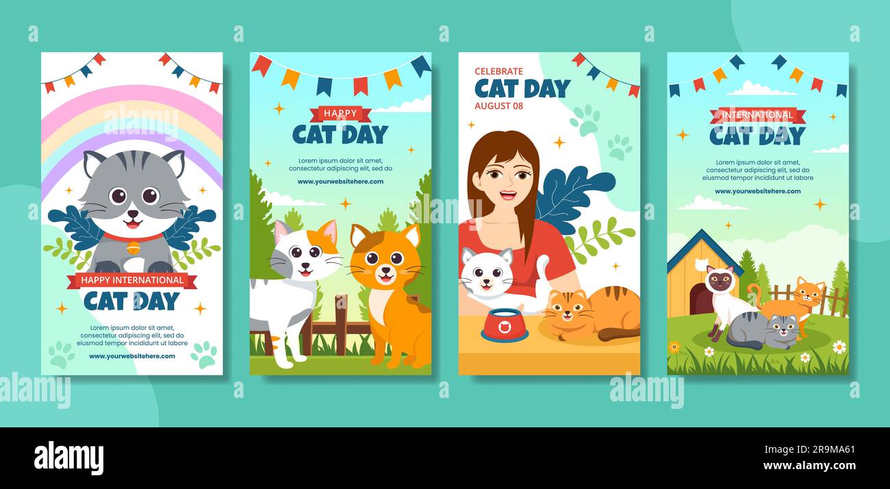Cat Day Social Media Stories Flat Cartoon Hand Drawn Templates ...