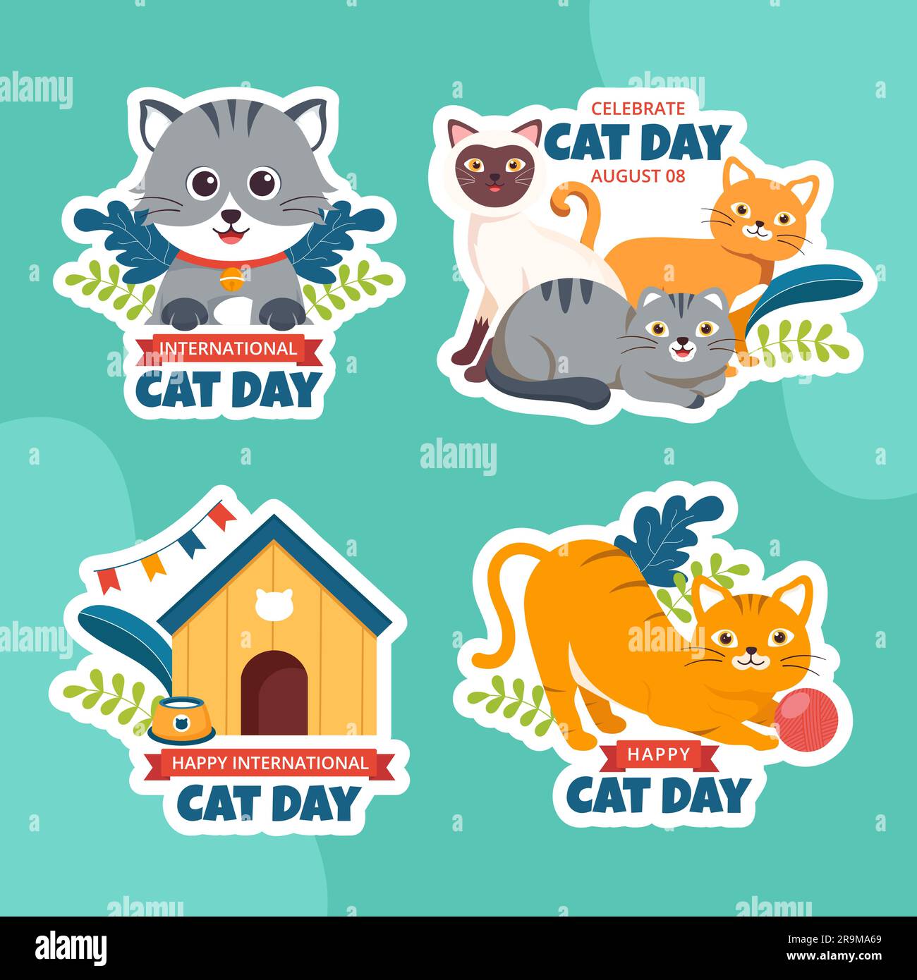 Cat Day Label Flat Cartoon Hand Drawn Templates Background Illustration ...