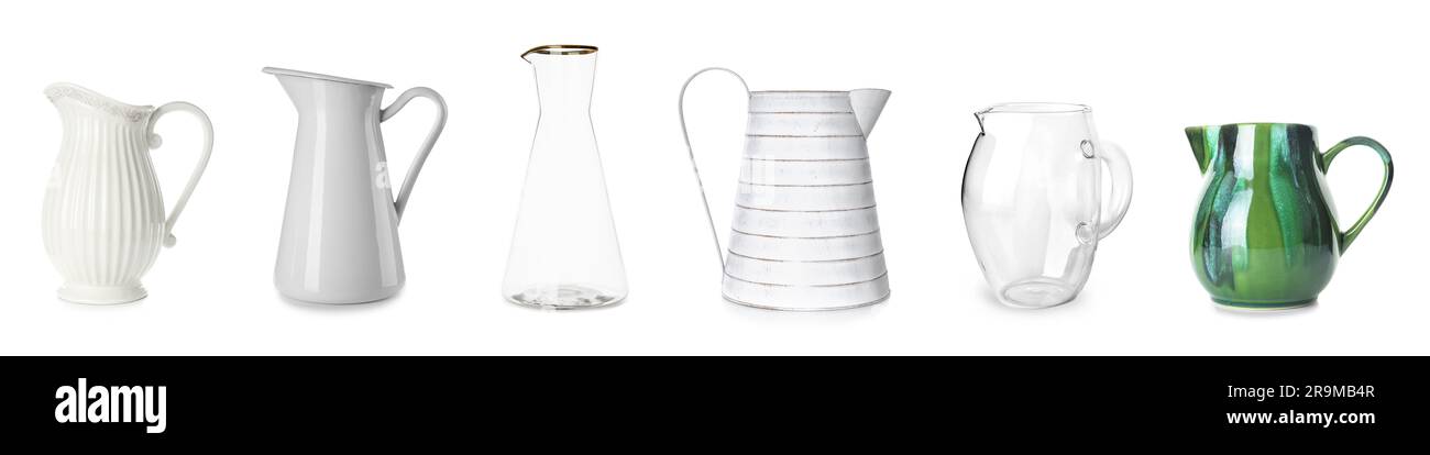 Collage of stylish jugs on white background Stock Photo - Alamy