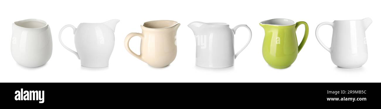 Collage of milk jugs on white background Stock Photo - Alamy