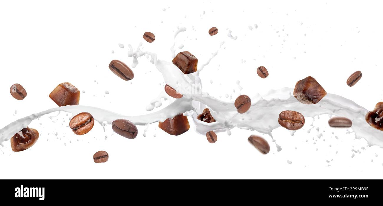 Coffee ice cubes, beans and splash of milk on white background Stock ...