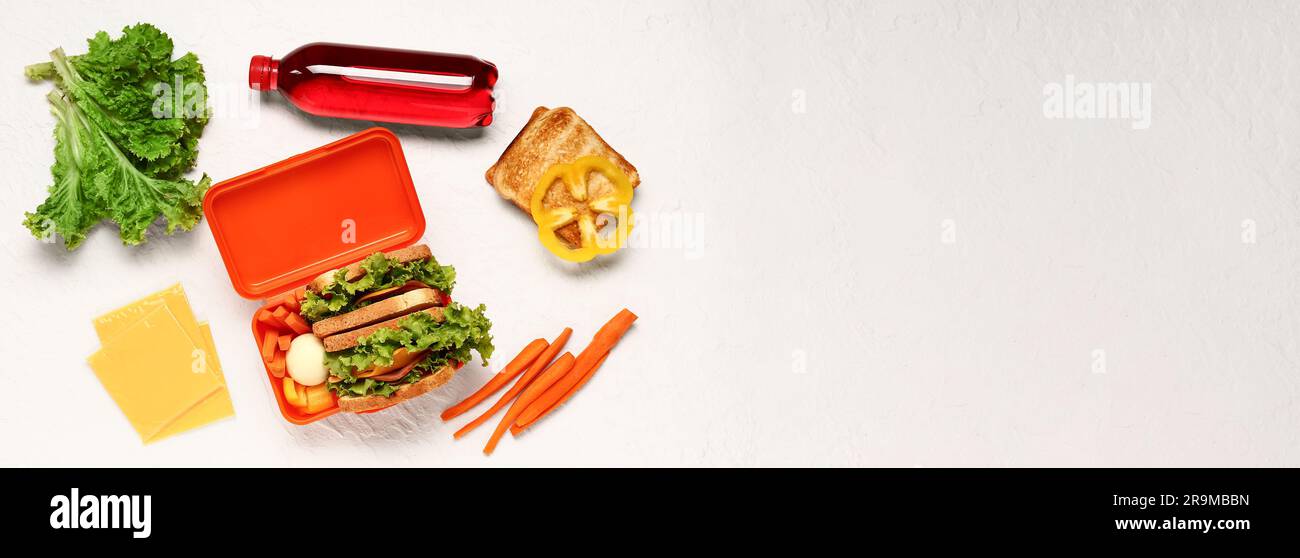 Lunch box and tasty food on light background with space for text Stock ...