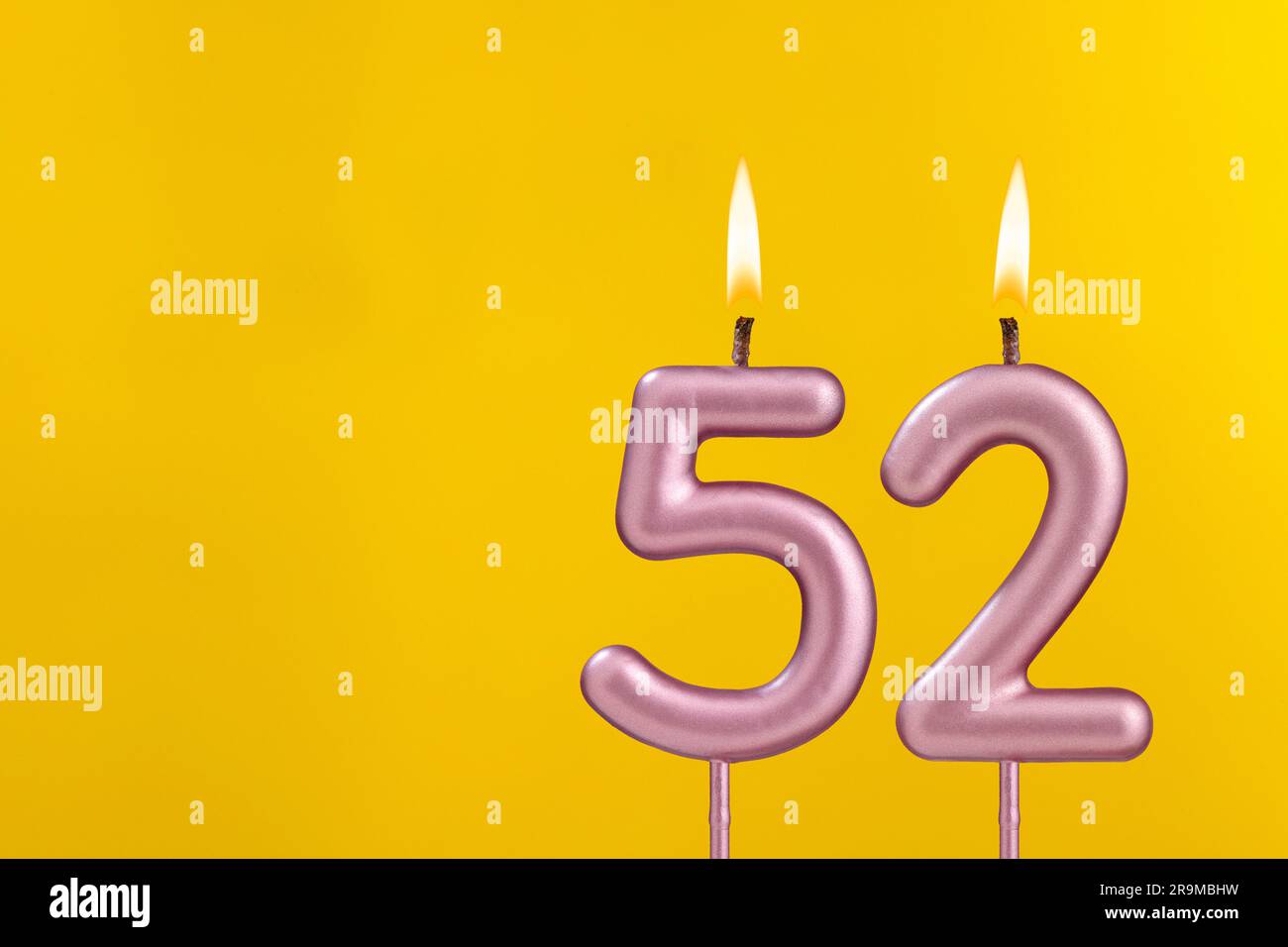Candle 52 with flame - Birthday card on yellow luxury background Stock ...