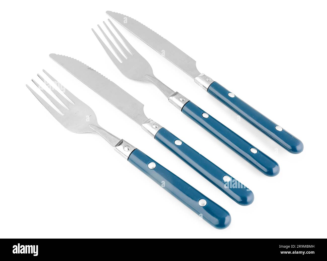 Stainless steel forks and knives with blue handles on white background ...