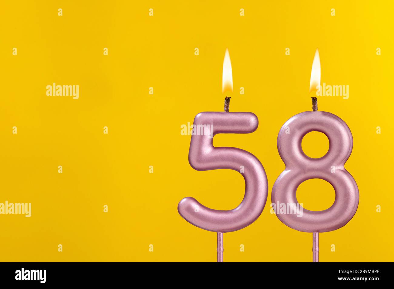 Candle 58 with flame - Birthday card on yellow luxury background Stock ...
