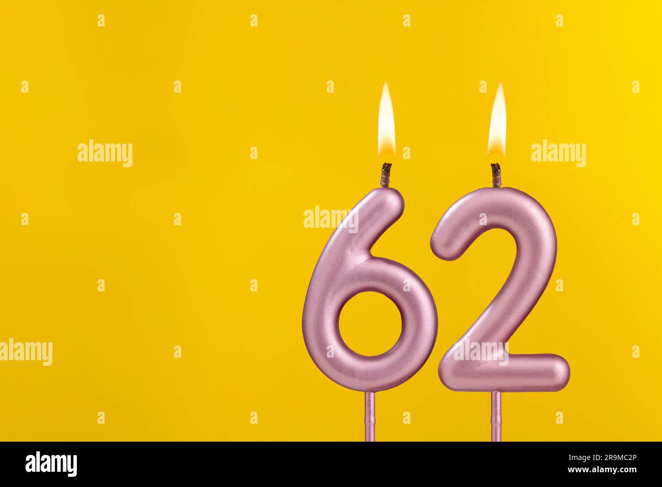 Candle 62 with flame - Birthday card on yellow luxury background Stock ...