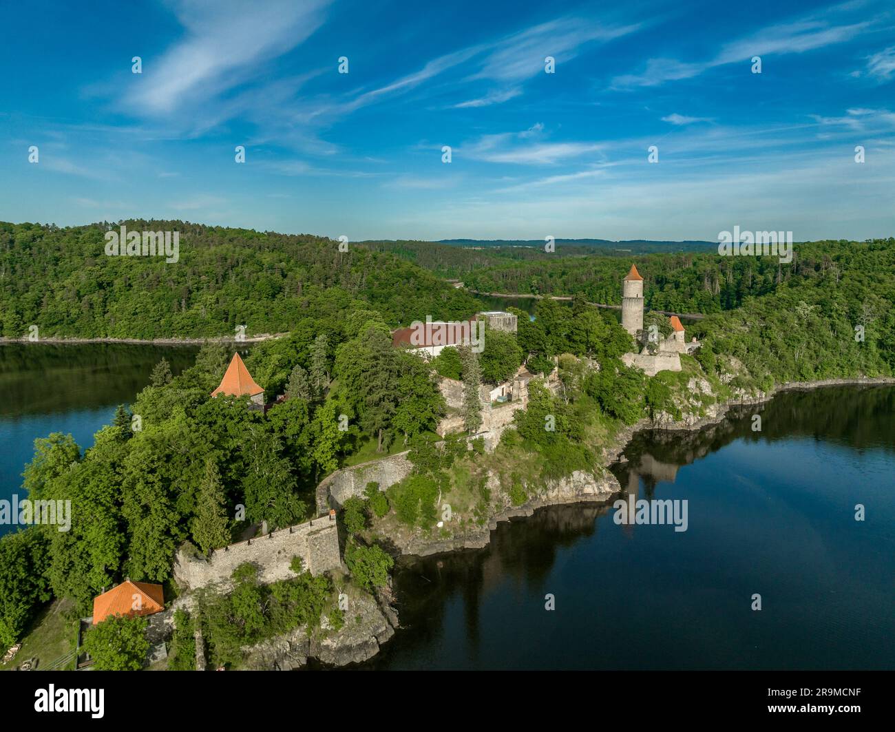Aerial view of early Gothic Zvikov castle on difficult-to-access and ...